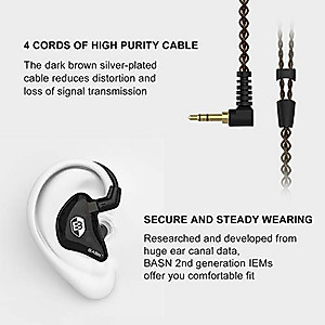 BASN in Ear Monitor Headphones for Musicians, Bsinger 2nd Generation Sound Isolating Earphones with Dual Dynamic Drivers Detachable MMCX Cable (Black)