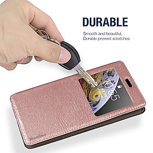 for Emporia Smart 4 Case, Wood Grain Leather Case with Card Holder and Window, Magnetic Flip Cover for Emporia Smart 4 (4.95”) Rose Gold