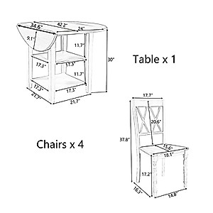 Merax 5-Piece Farmhouse Wooden Round Dining Table Set with Drop Leaf, 2-Tier Storage Shelves and 4 Cross Back Chairs, Distressed White+Natural