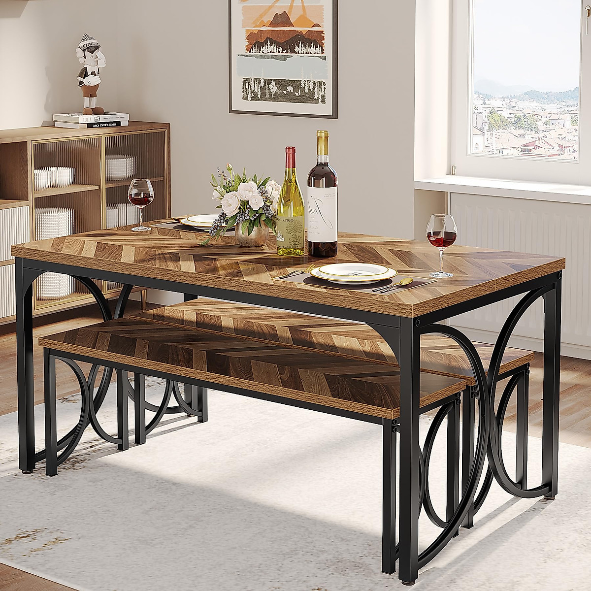 47" Kitchen Dining Table with Bench, Wood Dining Room Table with Benches for 4, Small Dining Table with 2 Benches, 3 Piece Rectangular Dining Table Set for Small Space