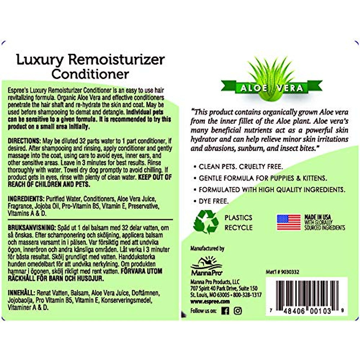 Espree Luxury Remoisturizer for Dogs & Cats | Made with 100 % Organic Aloe Vera | 1 Gallon