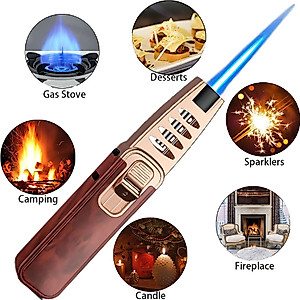 Butane Torch Lighter Refillable Windproof Cooking Lighters with Safety Lock and Adjustable Jet Flame for Candle Fireplace Kitchen Camping Grill Outdoor (Red Mahogany)
