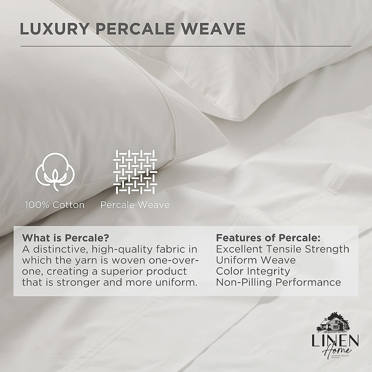 Linen Home 100% Cotton Percale Pillowcases Queen Size, White, 2 Pieces of Pillow Case, Crisp and Cool Strong Bed Linen, 20 inches X 30 inches