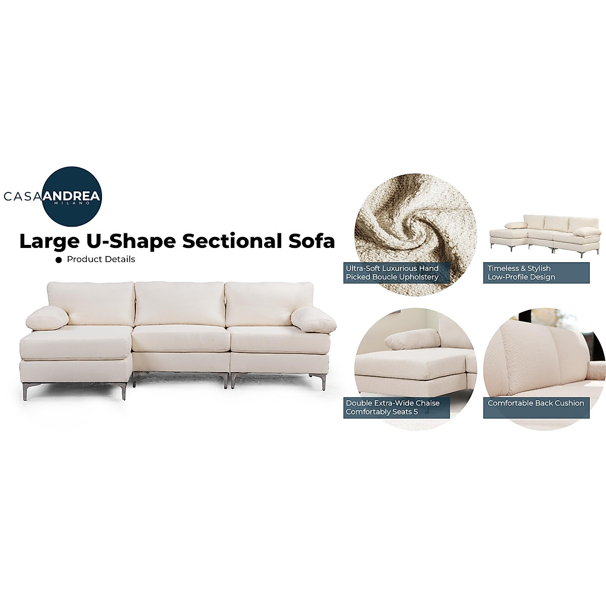 Casa Andrea Milano BOUCLÉ L-Shape Sectional Sofa, Luxury Couch with Extra Wide Chaise Lounge, Couch for Living Room Apartment Lounge, Cream Boucle