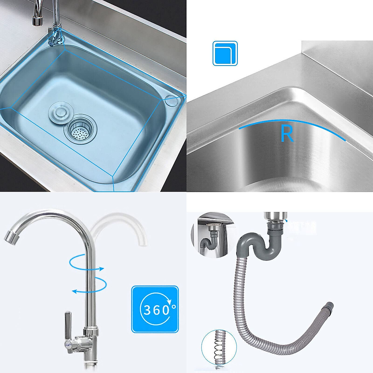 Commercial Sink Basin w/Faucet Catering Prep Table Kitchen Shelf Stainless Steel Outdoor Sink Freestanding with 2 Shelves 2 Drainer for Garage,Restaurant