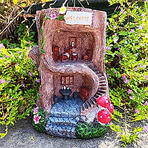 BEXLEYBAY Solar Light Gnome Fairy Tree House Outdoor Statues, Big Size Elf Miniature Buildings Tree House Sculptures for Outdoor Garden Patio Lawn Path Decorations, 8" Tall