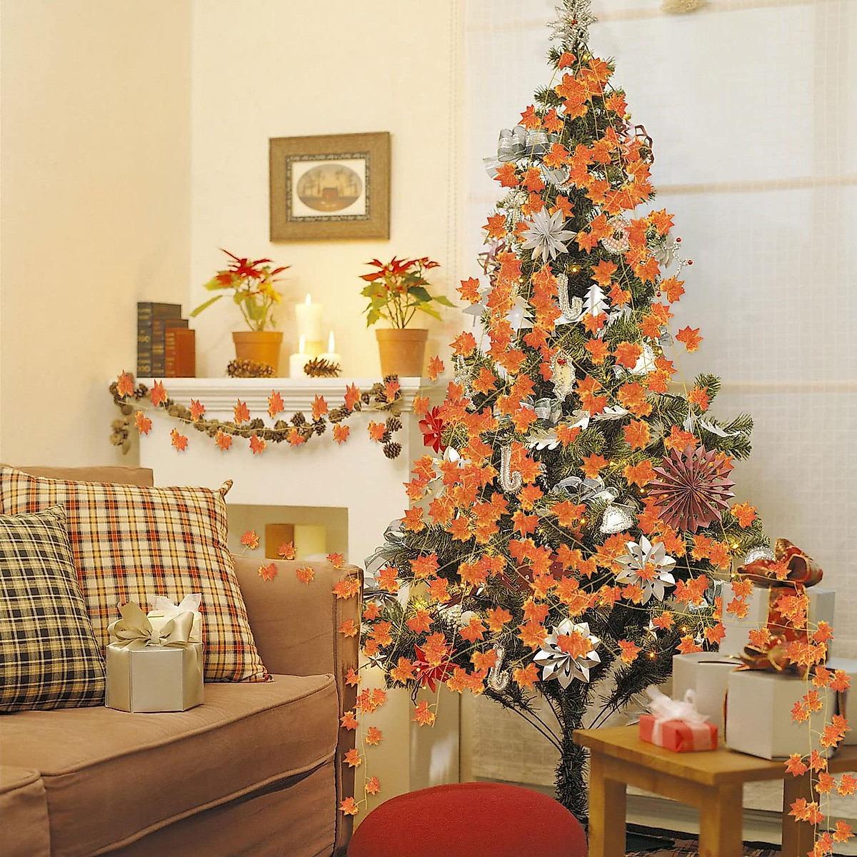 Fall Leaf Garland - Fall Leaves Decor Autumn Leaf Garland Hanging Vines Artificial Fall Maple Leaves 12 Pack - Thanksgiving Halloween Leaves Garland Christmas Decor for Home Garden Party Fireplace