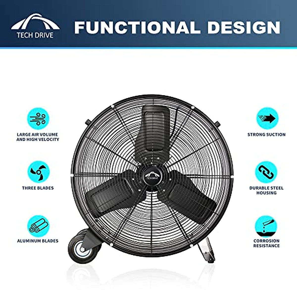 Tech Drive Heavy Duty Metal Industrial Drum Fan, 24 inch High Velocity Shop Fan, 2 Speed Large Floor Fan for Warehouse, Workshop, Factory, Garage, All Metal, Black