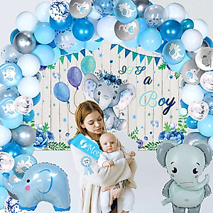 134PCS Elephant Baby Shower Decorations for Boy Baby Boy Shower Decorations Include Elephant Theme Balloon Garland Arch Kit Backdrop Tablecloth Cake Toppers Mommy Sash and Daddy Badge