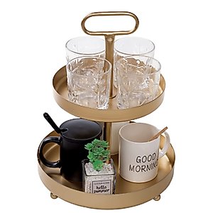 MAONAME Gold 2 Tiered Tray, Metal Two Tier Tray with Handle, Decorative Tray for Kitchen, Living Room, Bathroom, Seasonal Decor