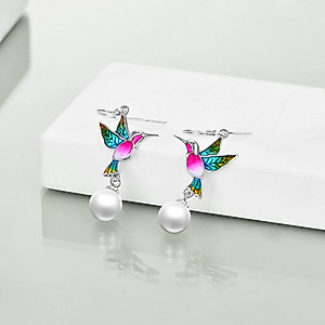 Hummingbird Earrings Gifts for Her Women 925 Sterling Silver Hummingbird Pearl Dangle Earrings Jewelry Christmas Gifts for Women Teen