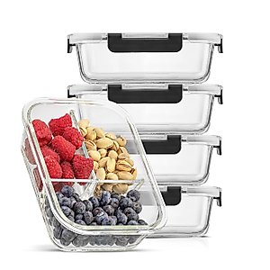 JoyJolt Divided 3 Compartment Glass Meal Prep Bento Box Set. 5 Pack Airtight Food Storage Containers with Lids for Portion Control and Weight Loss