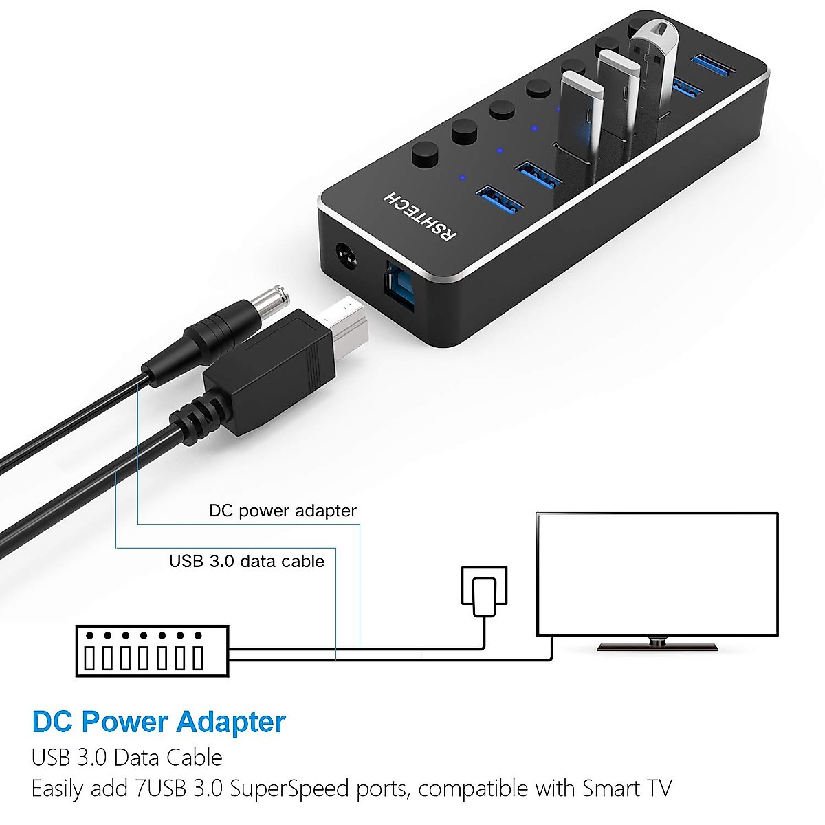 USB 3.0 Hub, RSHTECH 7 Port Powered USB Hub Expander Aluminum USB 3.0 Data Port hub with Universal 5V AC Adapter and Individual On/Off Switches USB Splitter for Laptop and PC(Black)