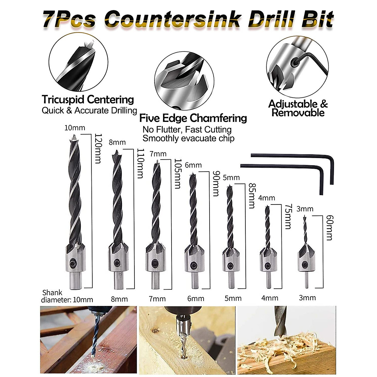 28 Pack Woodworking Chamfer Drilling Tools with a Case, Rocaris Including 6 Countersink, 5 Metric Step Drill Bit, 7 Counter Sinker Drill Bit Set with L-Wrench, 8 Wood Plug Cutter