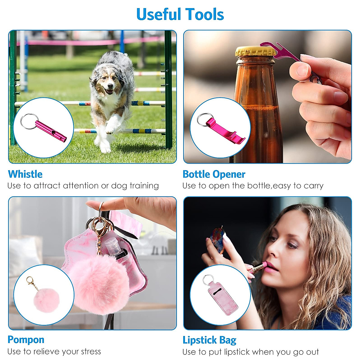 Safety Keychain Set for Women and Kids, 10 Pcs Safety Keychain Accessories, Self Defense Keychain Set for Girls with Safe Sound Personal Alarm, No Touch Door Opener, Whistle and Pom, Pink