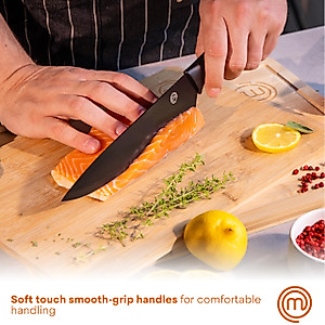 MasterChef Knife Block Set of 6 Kitchen Knives, Extra Sharp Stainless Steel Blades for Professional Cutting with Non Stick Coating & Soft Touch Easy Grip Handles in a Universal Block, Essential Black