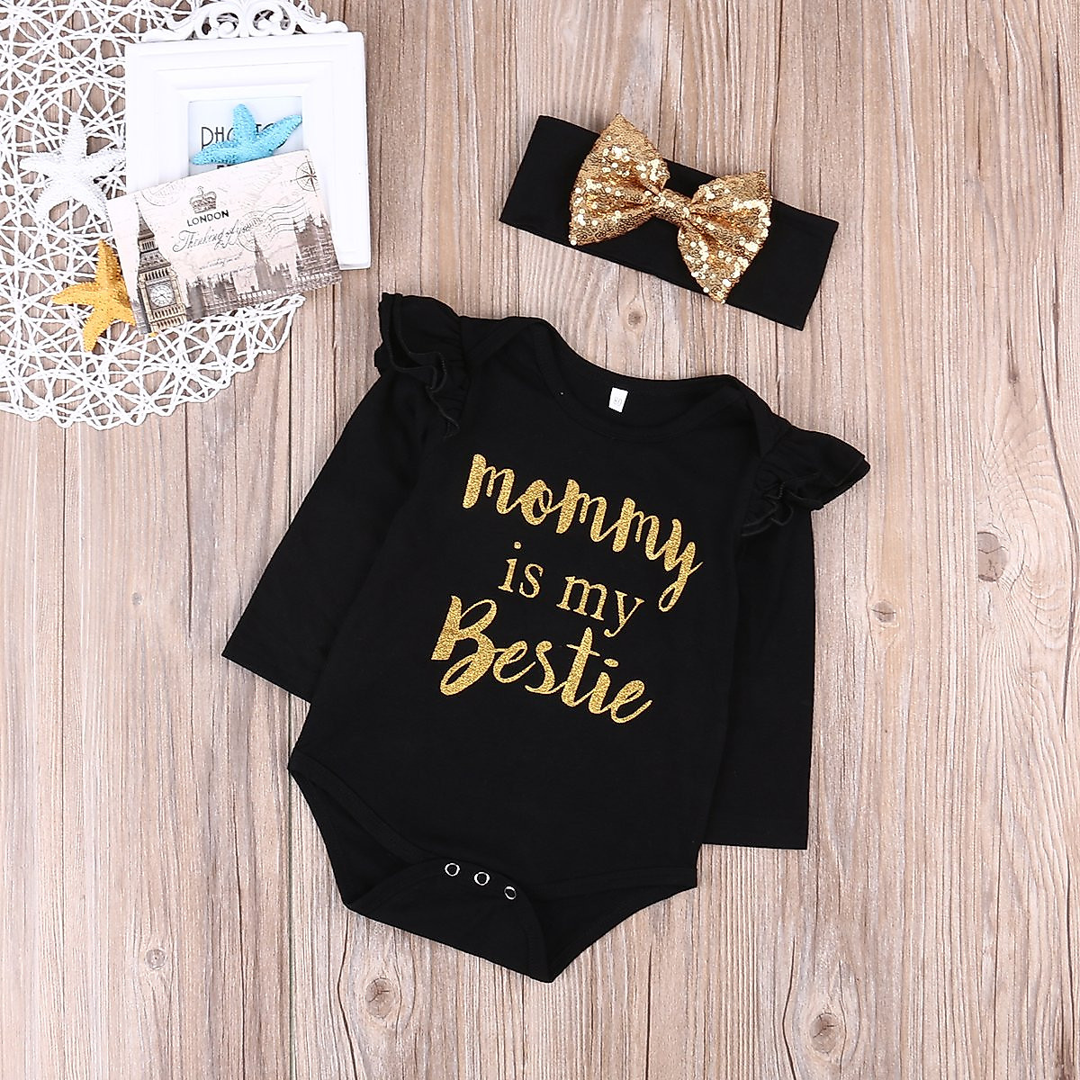 Newborn Baby Girls Clothes Floral “Mommy is My Bestie” Bodysuit Romper +Headband