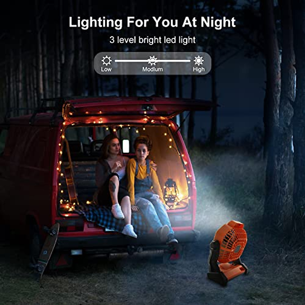 ERAVSOW Portable Camping Fan, USB Rechargeable Fan with Light & Hook, Battery Operated Powered Fan for Outdoor,Home,Office,Tent,Desk,Travel(Orange)