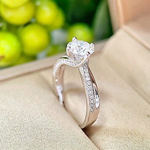 Auldey 1.9 Carat Round Cut Moissanite Engagement Rings for Women in 14k White Gold Plated Silver Ring (D Color, VVS, cttw) Anniversary Promise Ring Size 6-9, 8