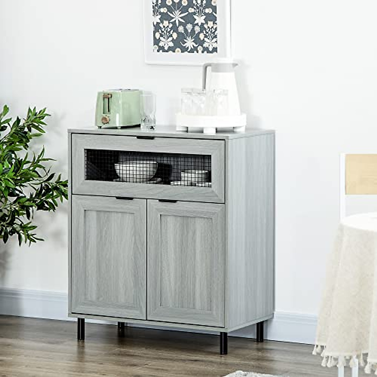 HOMCOM Sideboard Buffet Cabinet, Kitchen Cabinet with Metal Grid Flip Drawer, Adjustable Shelf, Accent Cabinet for Living Room, Grey