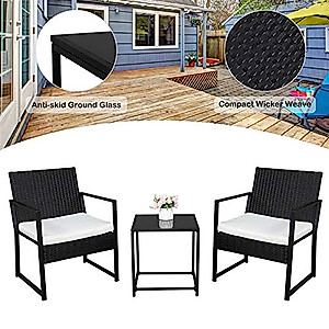 3 PCS Patio Wicker Rattan Furniture Set, Rattan Chair with Coffee Table, Bistro Set Rattan Chair Conversation Sets Garden Furniture for Patio Garden Lawn Backyard Pool (Black-A)