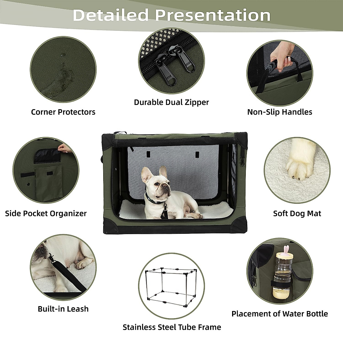 Pettycare 36 Inch Stainless Steel Collapsible Dog Crates for Large Dogs, 4-Door Soft Sided Kennel for Travel, Portable Foldable Pet Crate with Durable Mesh Windows, Indoor & Outdoor, Olive Green