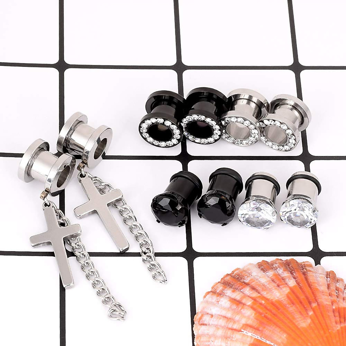5 Pairs Ear Gauges CZ Diamond Plugs Tunnels Stainless Steel Dangle Cross Earring Expander Stretcher Piercing 0g