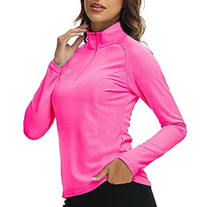 MoFiz Women's Golf Shirt Long Sleeve Athletic Quarter Zip Pullover Hiking Outdoor Running Workout Tops Rose Red M