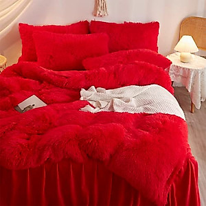 HAIHUA Fluffy red Comforter Cover Set Queen，Faux Fur red Bedding 3 Pieces(1 Plush Queen Duvet Cover +2 Faux Fur Pillowcases) Faux Fur red Bed Set (red, Queen)