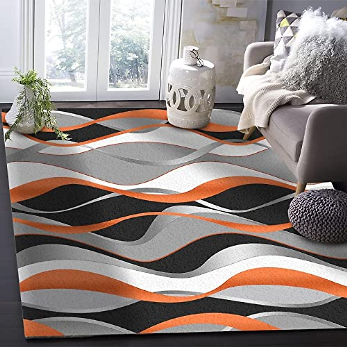 Orange Black Grey Wavy Kids Rugs, Abstract White Moire Geometric Art Thick Soft Plush Area Rugs, Breathable Durable Carpet, Machine Washable Mat for Hardwood Floors Decor 4' x 6'