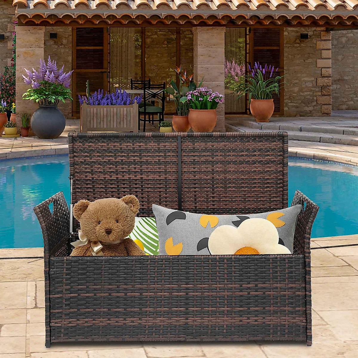 BAYUELSWU 33Gallon Outdoor Wicker Storage Bench with Removable Cushion, Waterproof PE Rattan Deck Box with Handles for Patio Furniture Cushions, Toys and Garden Tools (Brown)