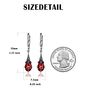 Vintage Leverback Ruby Earrings Sterling Silver Retro Drop Earrings with Oval Red Simulated Birthstone Crystal from Austria, Earrings Gifts Birthday Jewelry for Women