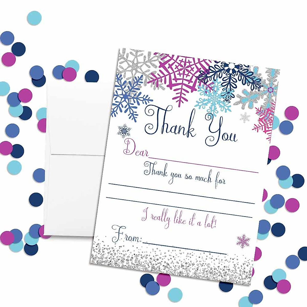 Winter Snowflake Birthday Thank You Notes, Ten 4" x 5.5" Fill In The Blank Cards with 10 White Envelopes by AmandaCreation