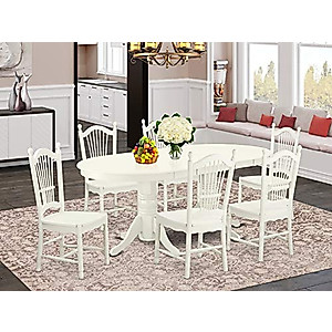 East West Furniture VADO7-LWH-W 7Pc Dinette Set Includes a 59/76.4 Inch Oval Dining Table with Butterfly Leaf and 6 Wood Seat Kitchen Chairs, Linen White Finish