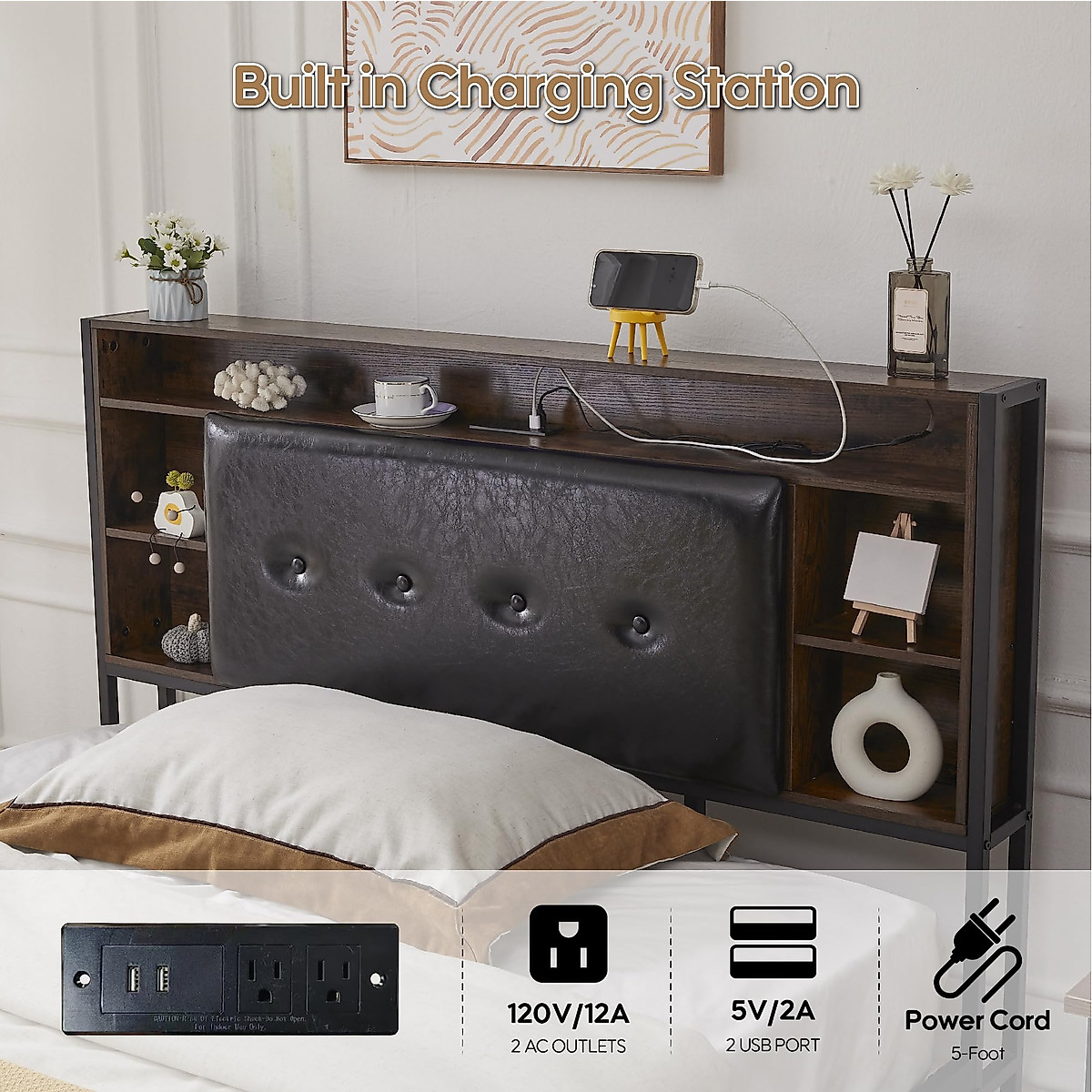 Full Size Bed Frame, Upholstered Metal Platform Bed Frame with Hidden Storage Headboard, & Charging Station, LED Double Bed Frame - No Box Spring Required, Easy Assembly, Quiet Sleep Experience