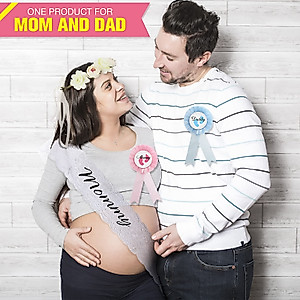 4 Pieces Baby Shower Kits Include Baby Shower Sash, Mommy Daddy Badge Button Pin Kits and Flower Crown for Baby Shower Decoration Gender Reveal Baby Sprinkle Welcome Baby