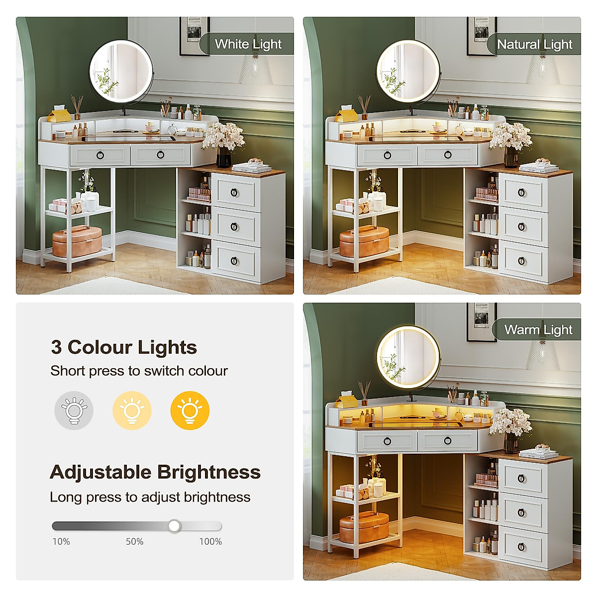 Lvifur Corner Vanity Desk with Mirror and Lights,White Corner Makeup Vanity with Charging Station, 3 Color Led Light Settings, 5 Drawers, and Open Shelves for Bedroom, Women, and Girls