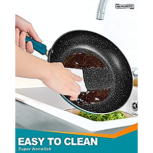 MICHELANGELO Non Stick Frying Pans Set, 3 Piece Frying Pans Nonstick, Enamel Pan Sets for Cooking Nonstick, 8 Inch, 9.5 Inch and 11 Inch Nonstick Frying Pan Set with Silicone Handle, Cyan
