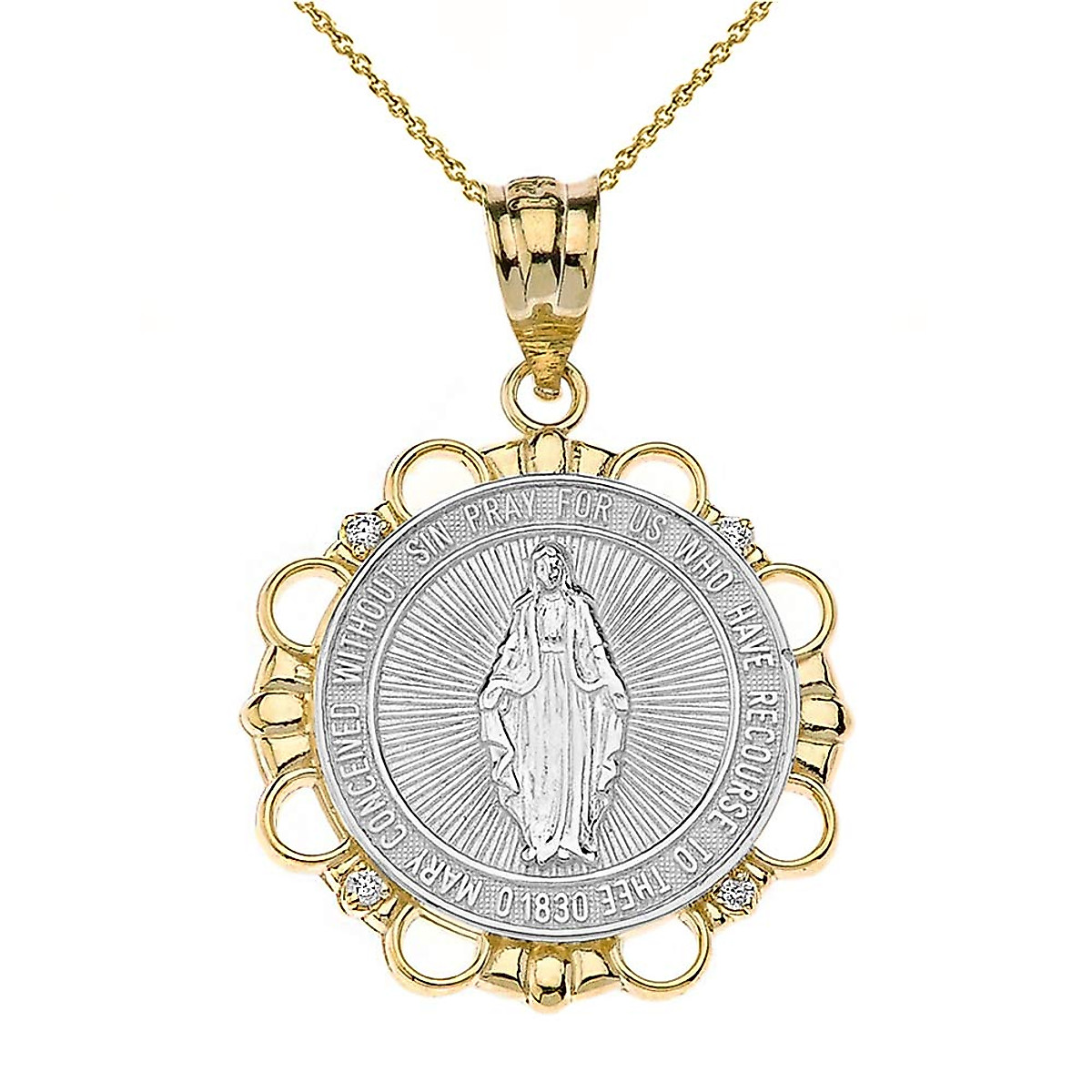 14k Two-Tone Gold Round Blessed Virgin Mary Miraculous Diamond Medal Pendant Necklace, 18"
