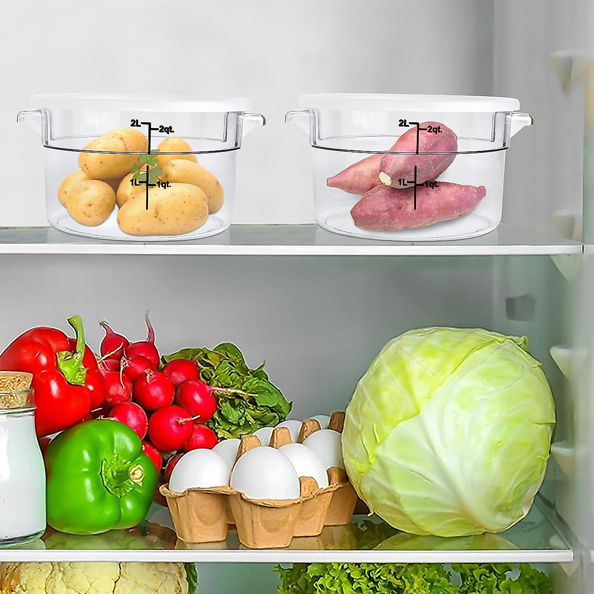 Milkary 4Pcs Food Storage Container with Lids, Clear Round Dough Proofing Container, Commercial Containers with Scales and Handles for Bread Dough Rise Fridge Kitchen Organization 2 Qt 4 Qt (White)