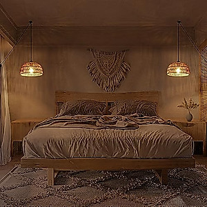 Casamoon Farmhouse Plug in Pendant Light, 12.6'' Woven Wicker Hemp Rope Shade Hanging Light Fixtures, Boho Rattan Ceiling Hanging Lamp for Kitchen, Dining Room, Bedroom, Entryway, Retro, Rustic Décor