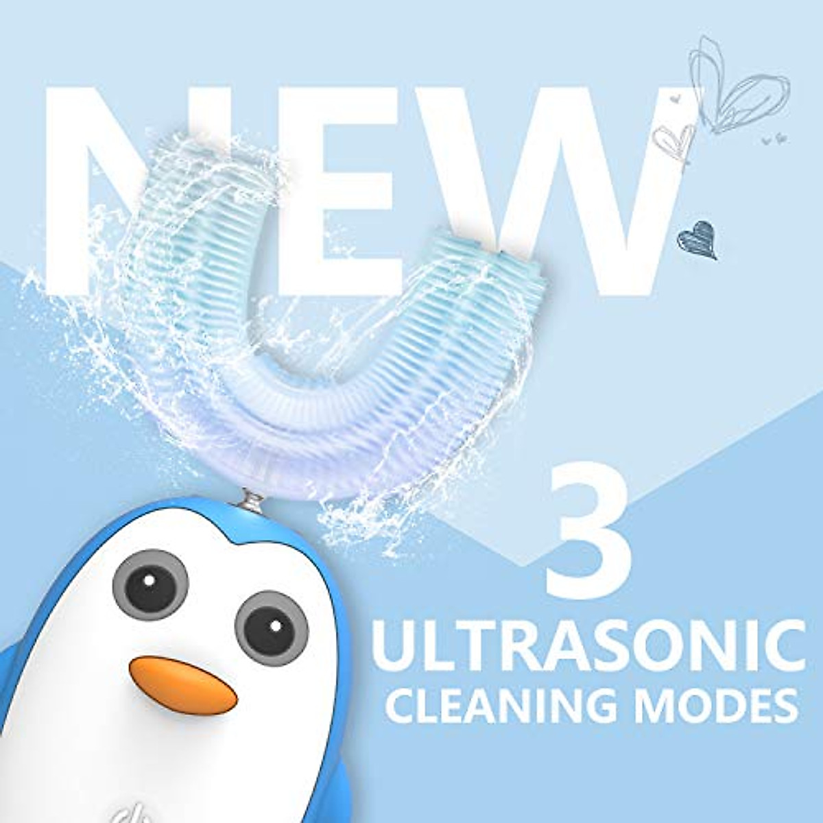 SHNOKER Electric Toothbrush with U-Shaped Toothbrush, with Charging Base Ultrasonic Automatic Toothbrush,IPX7 Waterproof,Three Clearing Modes,Cartoon Modeling Design for Kids (Blue 3-6 Year)