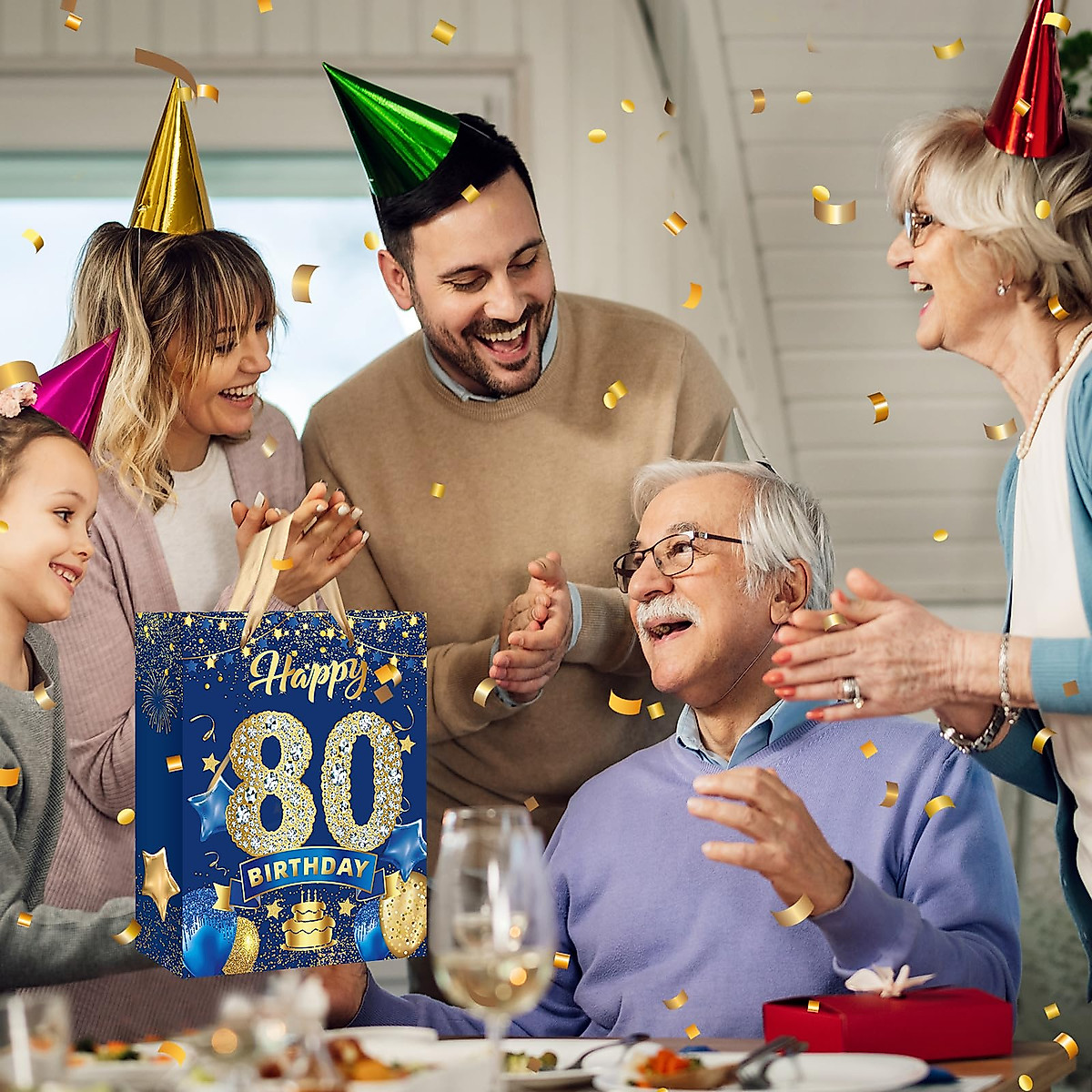 Blue 80th Birthday Gift Bag, Large Navy Blue and Gold Happy 80th Birthday Gift Bag with Card and 3pcs Tissue Paper for Men Women 80th Anniversary Birthday Party Favors Goodie Wrapping Bag Supplies