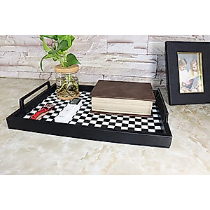 MCBZ Living Room Bedroom Decorative Tray, Coffee Table Kitchen Serving Tray, PU Leather Tray with Metal Handle 16.5 x 12.6 inches (Black and White Grid)