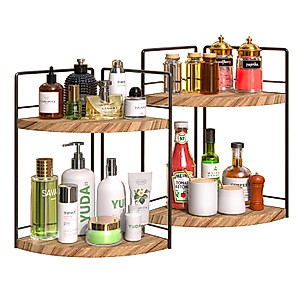 BSTSLL 2 Pack Bathroom Counter Organizer, 2 Tier Corner Bathroom Counter Organizer Wooden Vanity Organizer for Bathroom Organizers and Kitchen Storage Dresser Decoration