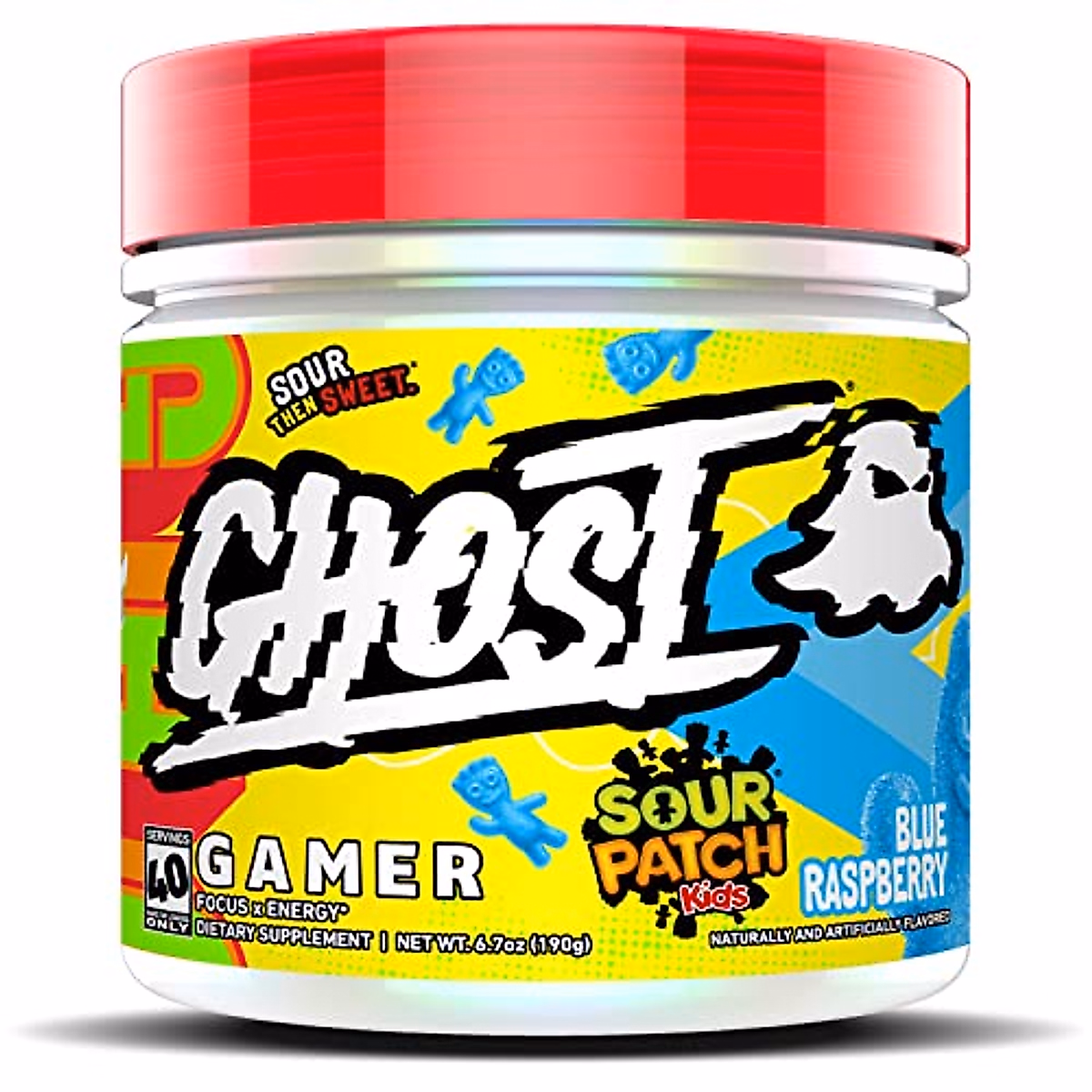 GHOST Gamer: Energy and Focus Support Formula - 40 Servings, Sour Patch Kids Blue Raspberry - Brain-Boosting Nootropics & Natural Caffeine for Attention, Accuracy & Reaction Time - Vegan, Gluten-Free