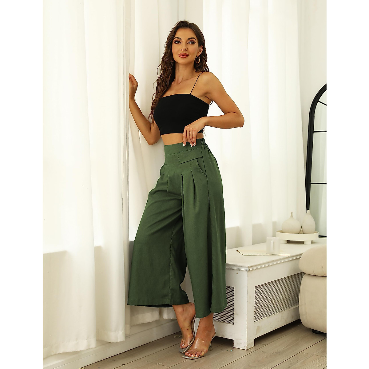Bianstore Women's Culottes Linen Cropped Wide Leg Pants Elastic Waist Casual Palazzo Trousers with Pockets (ArmyGreen-XL)