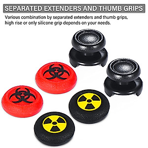 Playrealm FPS Thumbstick Extender x 2 & Printing Rubber Silicone Grip Cover x 4 for PS5 & PS4 Controller (Radiation Black & BioH Red)