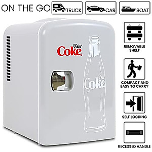 Coca-Cola Diet Coke 4L Portable Cooler/Warmer, Compact Personal Travel Fridge for Snacks Lunch Drinks Cosmetics, Includes 12V and AC Cords, Cute Desk Accessory for Home Office Dorm Travel, Grey