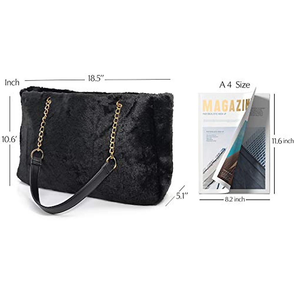 Fur Carryall Tote Bag with Wristlet Clutch Women Chain Shoulder Handbag (Black) Large